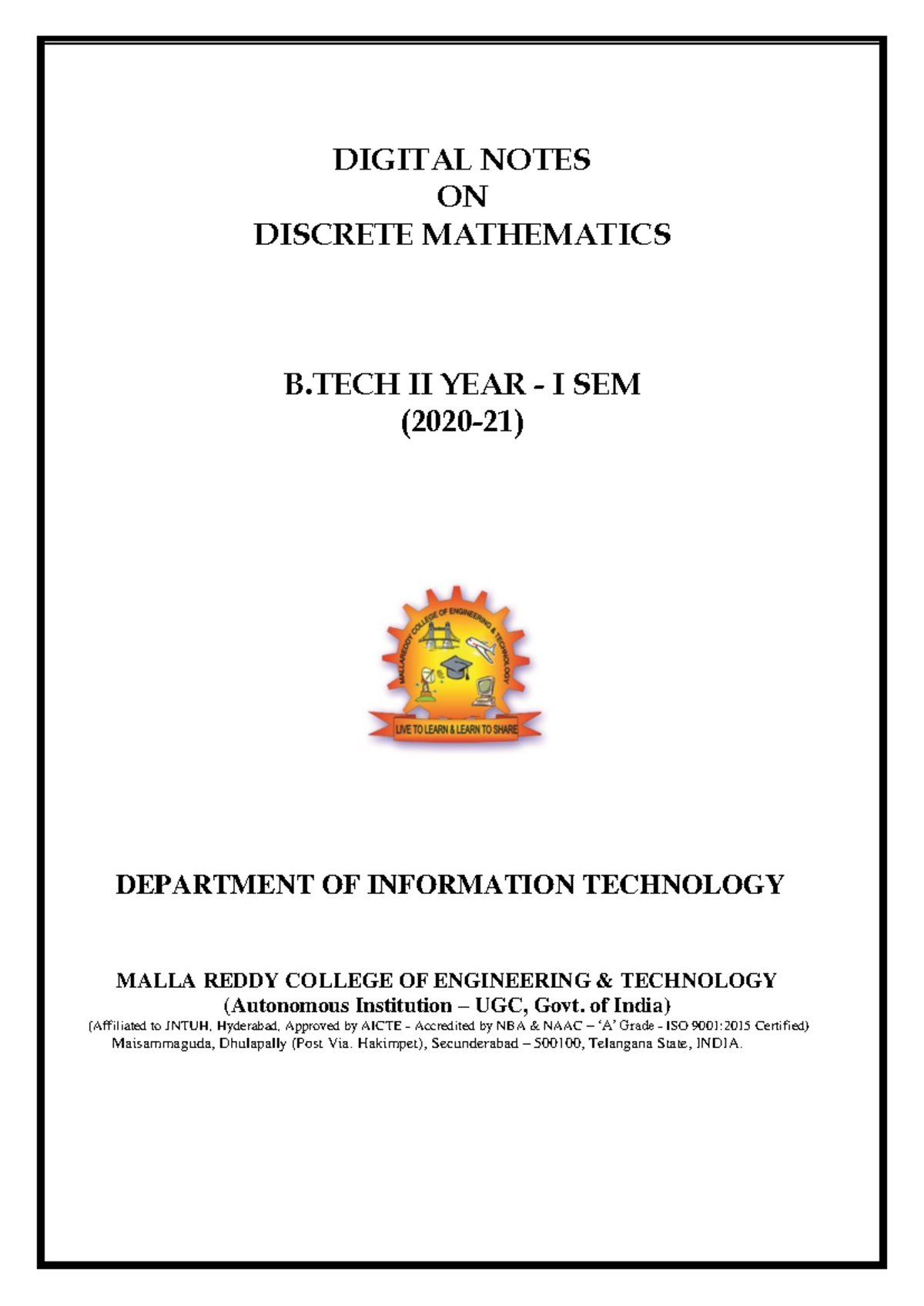 (R18A506) Comprehensive Digital Notes on Discrete Mathematics - Studocu