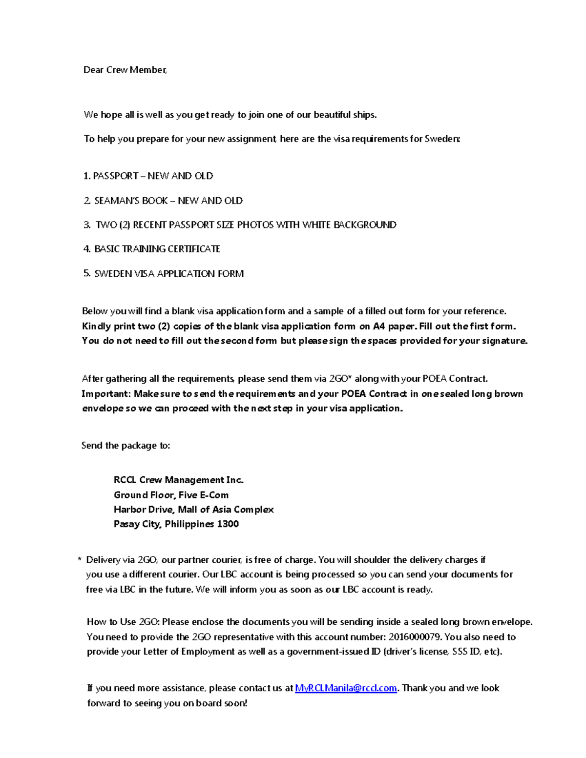 Sweden VISA FORM sample with instructions on the first page - Dear Crew ...