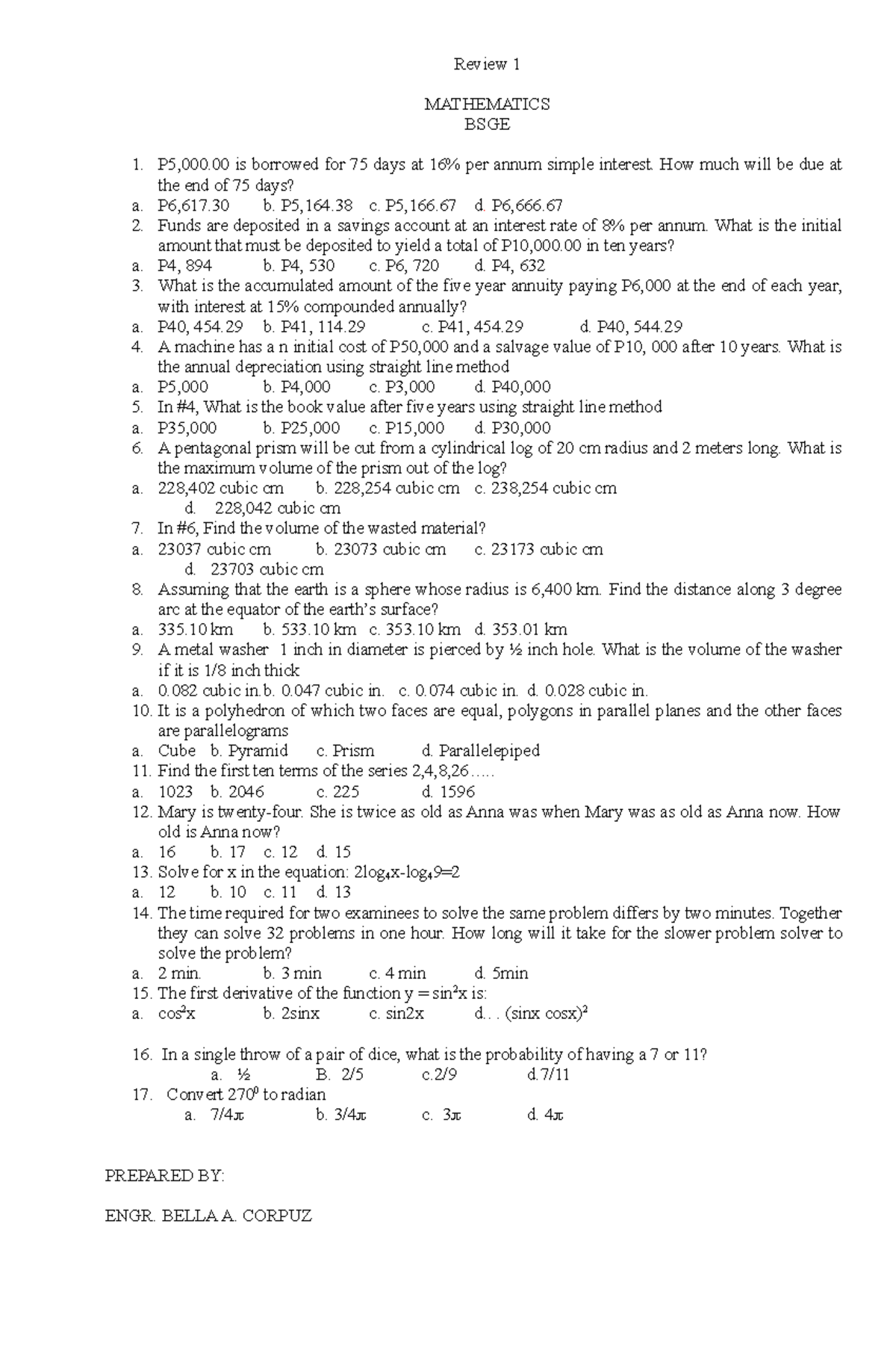 BSGE Geodetic Engineering Math Review Questions and Solutions - Studocu