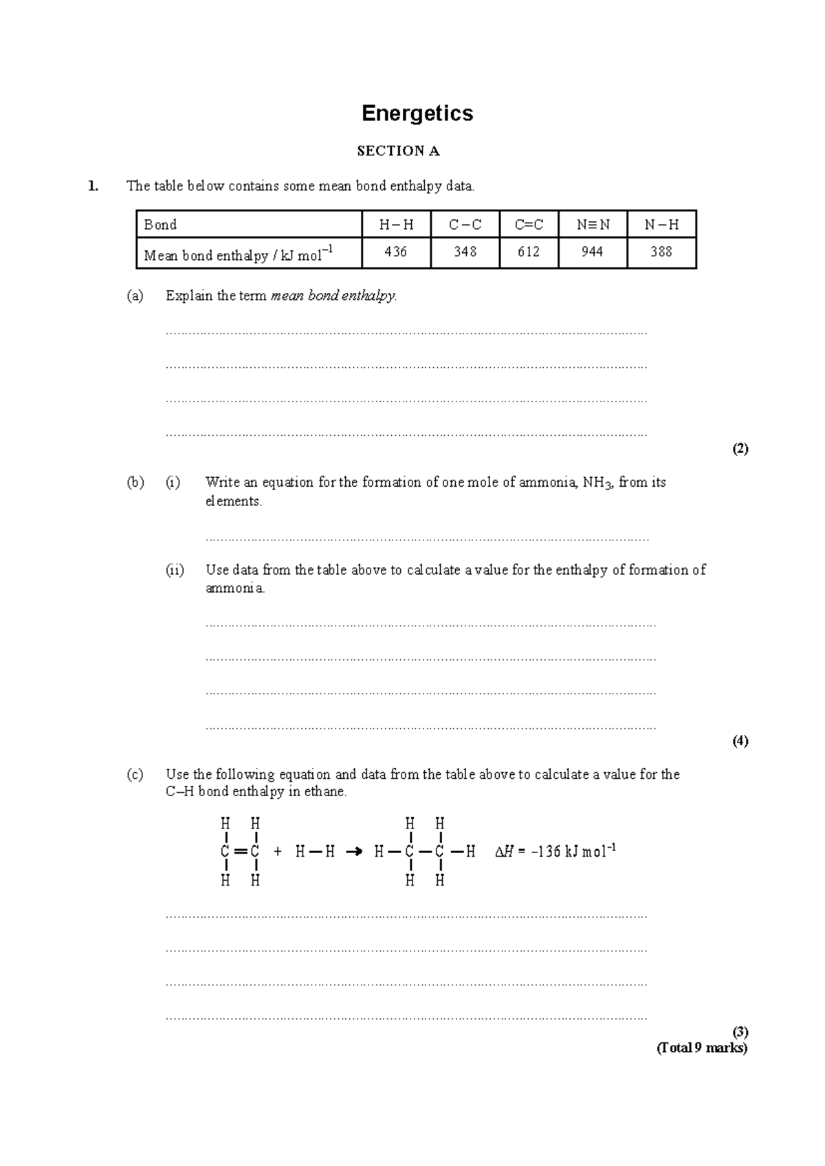 2.1 Energetics Test: Mean Bond Enthalpy & Enthalpy Calculations - Studocu
