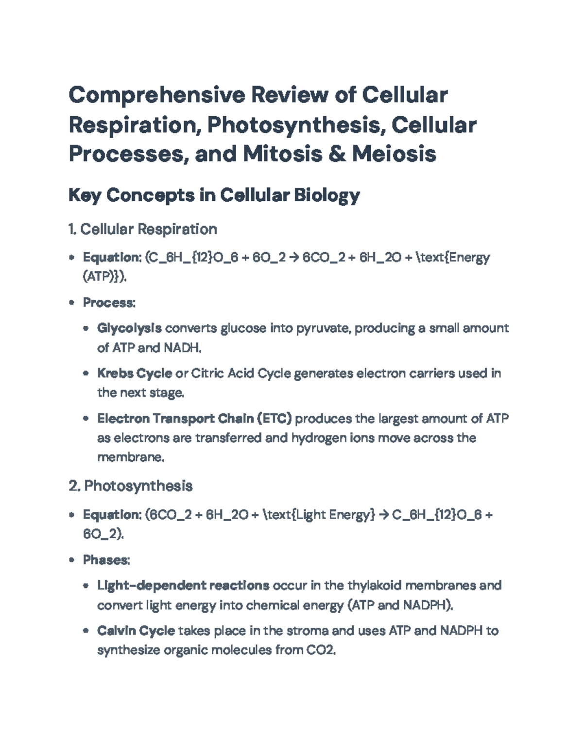 Comprehensive Study Guide on Cellular Respiration & Mitosis (BIO101 ...