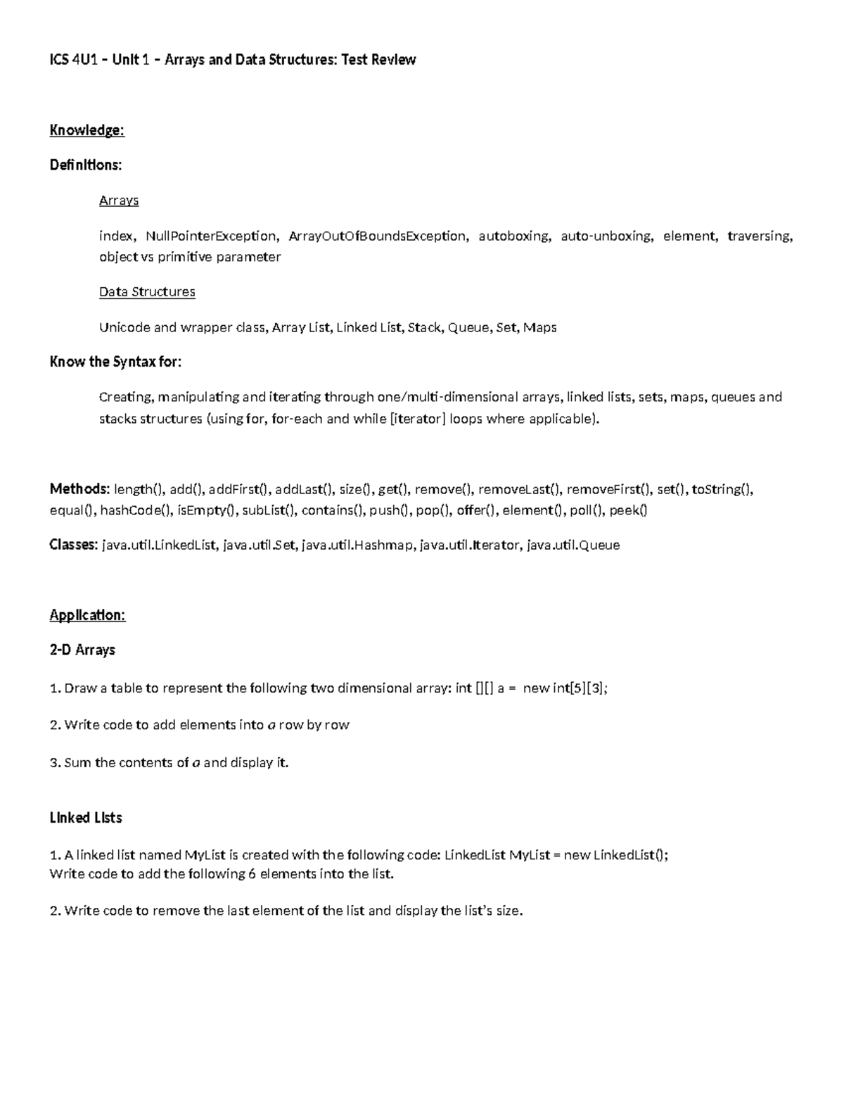 ICS 4U1 – Unit 1: Arrays & Data Structures Test Review Guide - Studocu