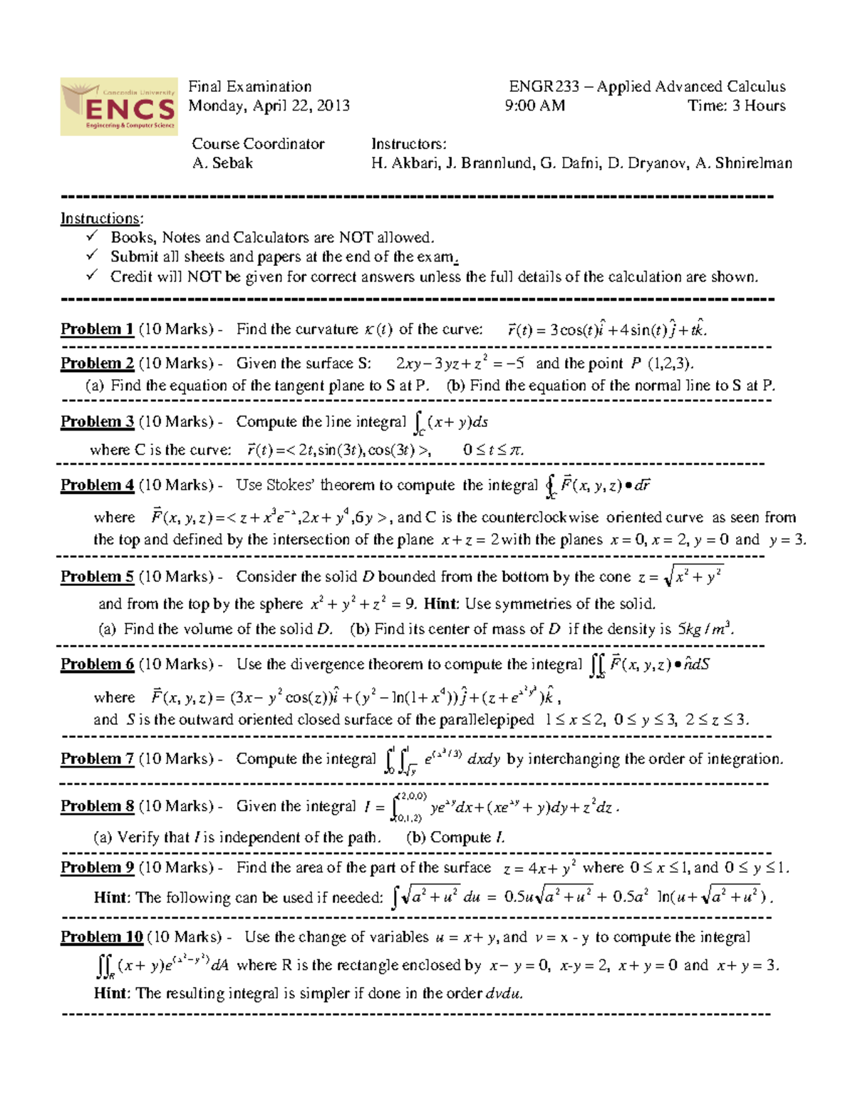 ENGR 233 Final Exam Review - Advanced Calculus W2013 - Studocu