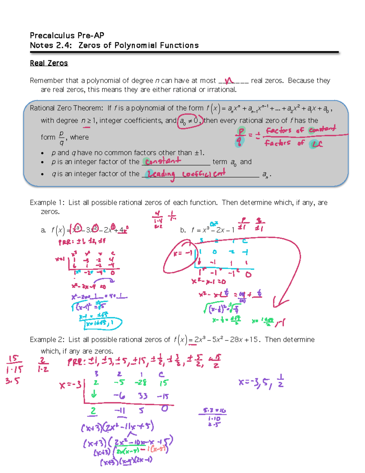 2.4 Notes - Zeros of Polynomial Functions Key - Precalculus Pre-AP ...