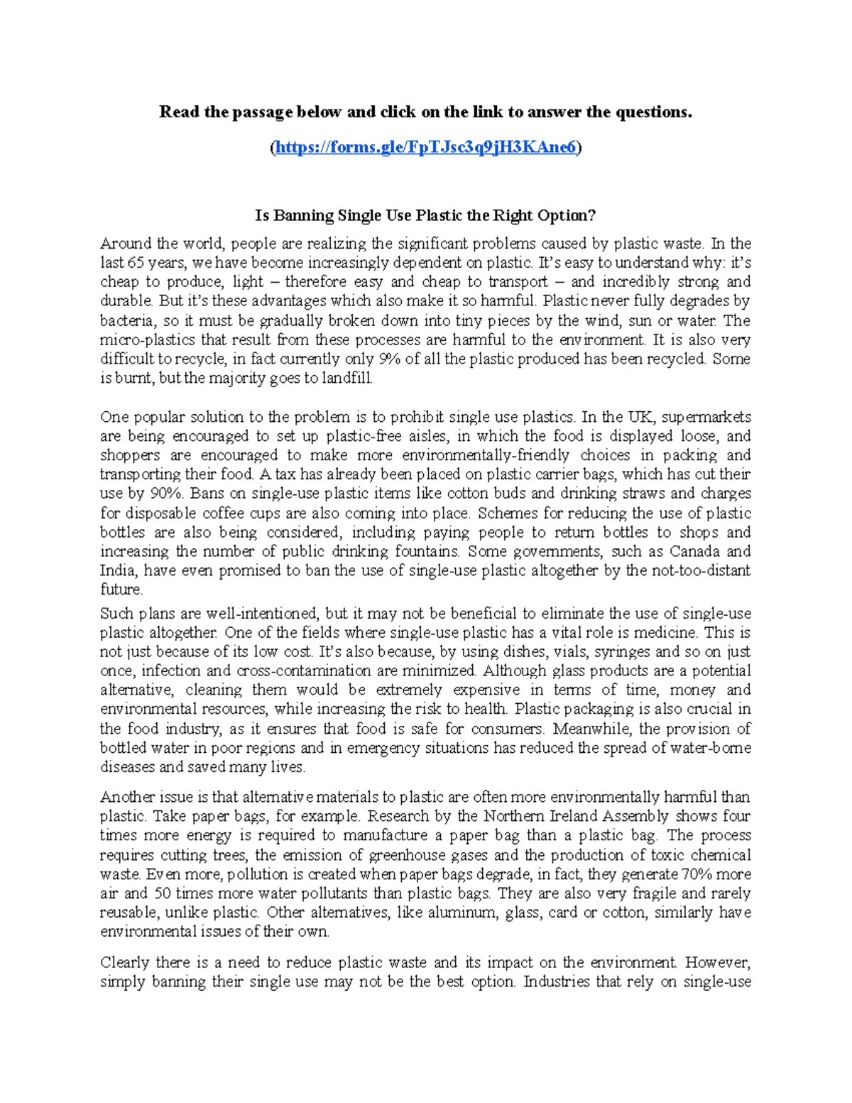 Reading practice 2 - Banning single use plastic - Read the passage ...