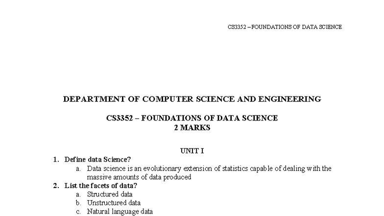 CS3352 FOUNDATIONS OF DATA SCIENCE - Final Exam Study Notes - Studocu