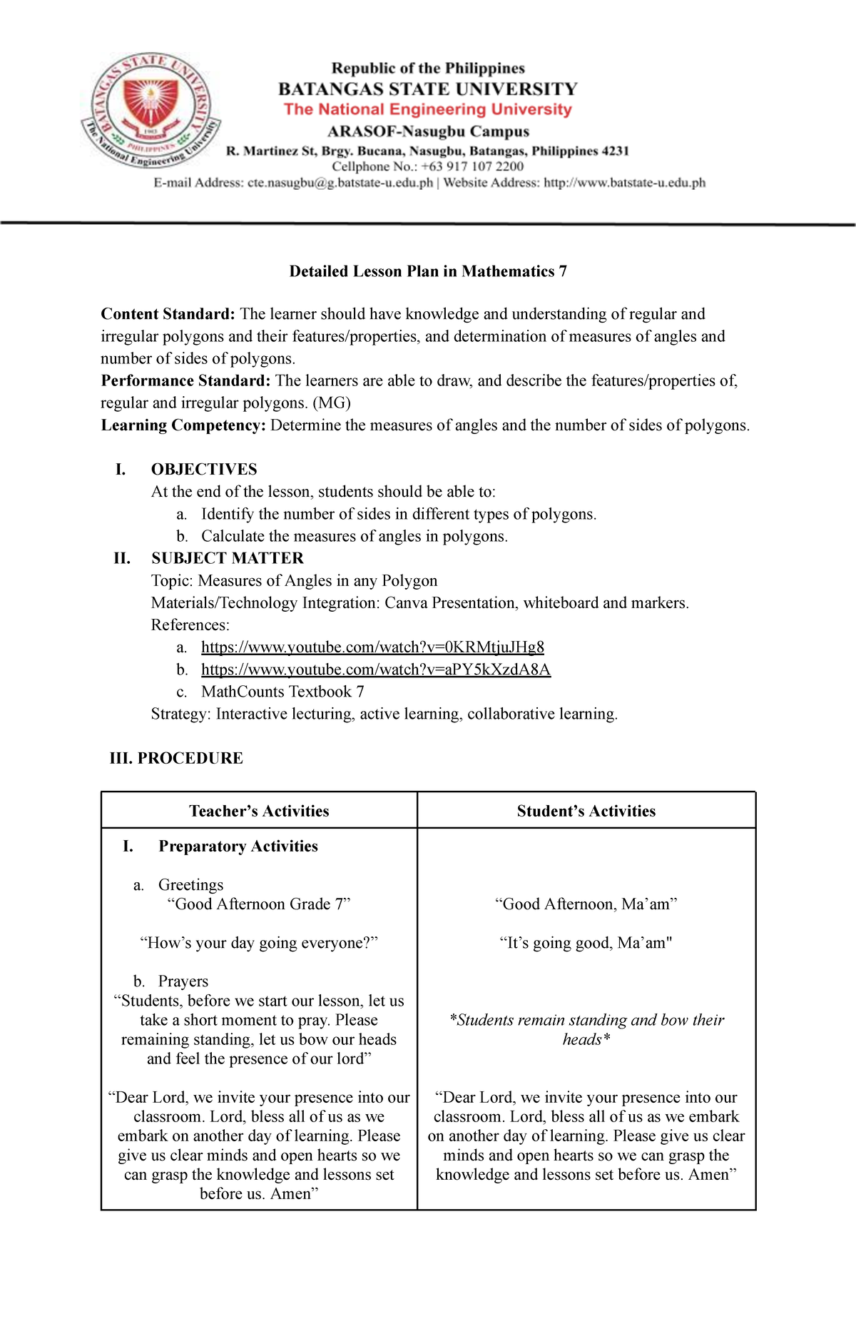 MATH7 LESSON PLAN: Understanding Polygons and Their Angles - Studocu