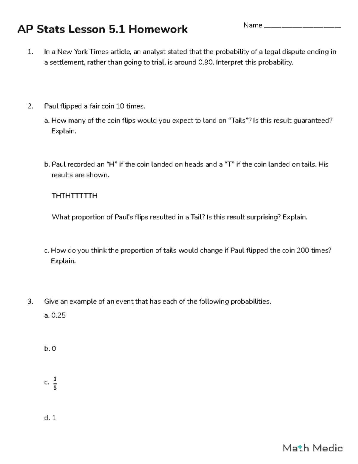 AP Stats 5.1 Homework: Probability Interpretations & Coin Flips - Studocu