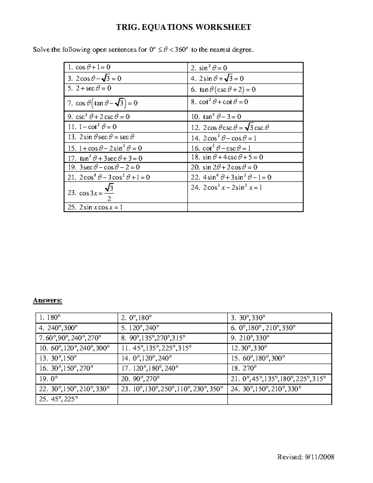 TRIG 101: Chapter 7 Trig Equations Worksheet Solutions - Studocu