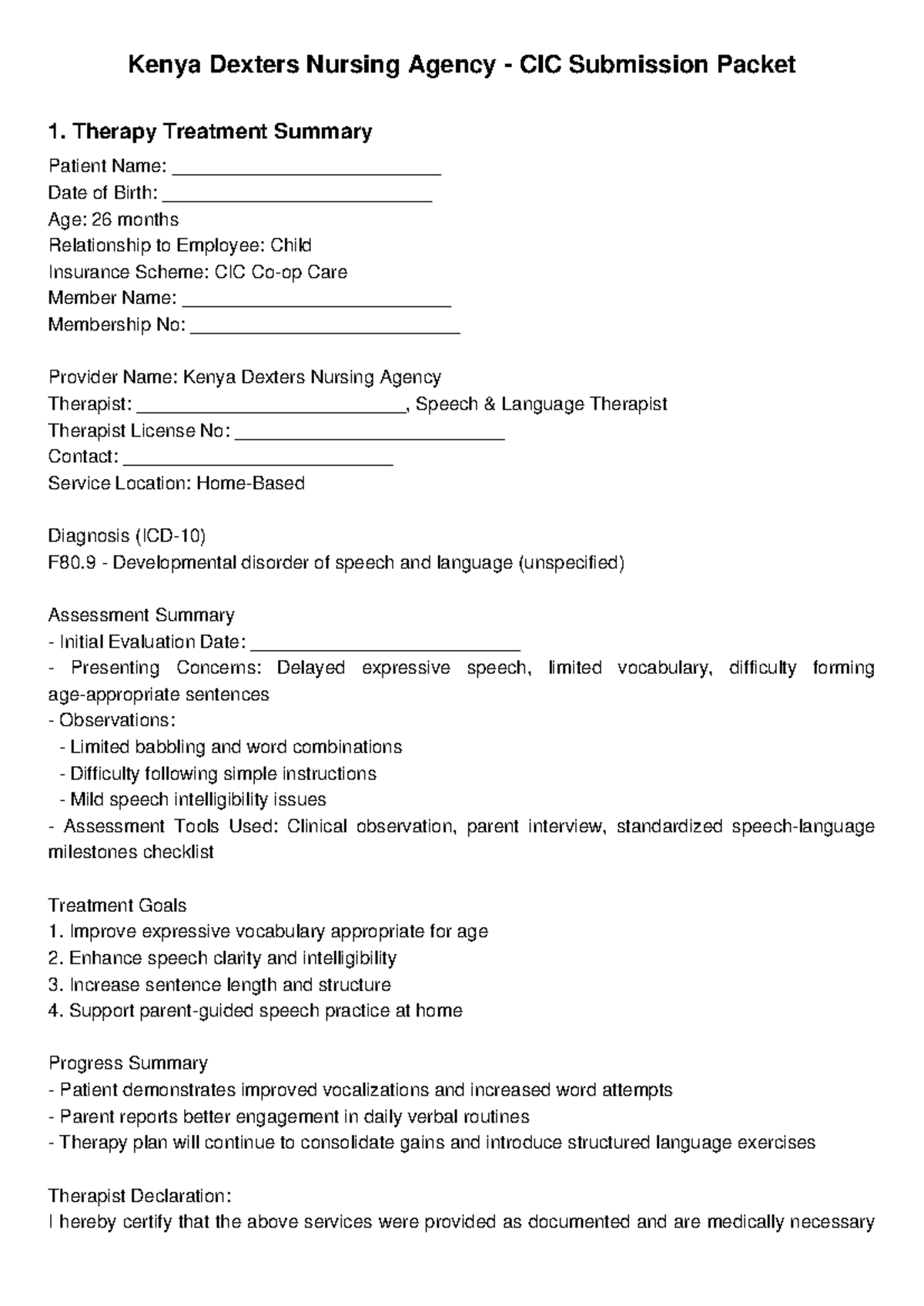 CIC Speech Therapy Submission Packet for Patient Care - Studocu