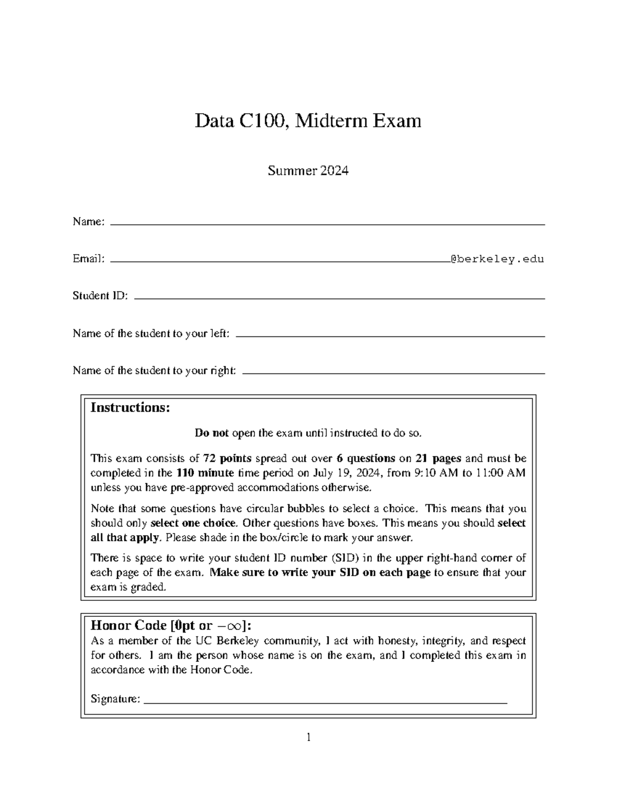 Data C100, Summer 2024 Midterm Exam Instructions and Questions - Studocu