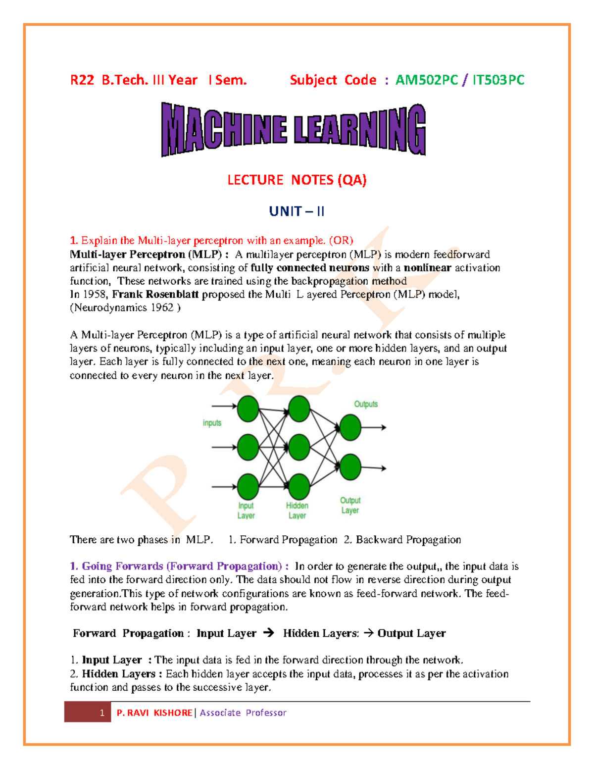 ML R22 B.Tech Year I Sem AM502PC IT503PC Lecture Notes on Perceptron ...