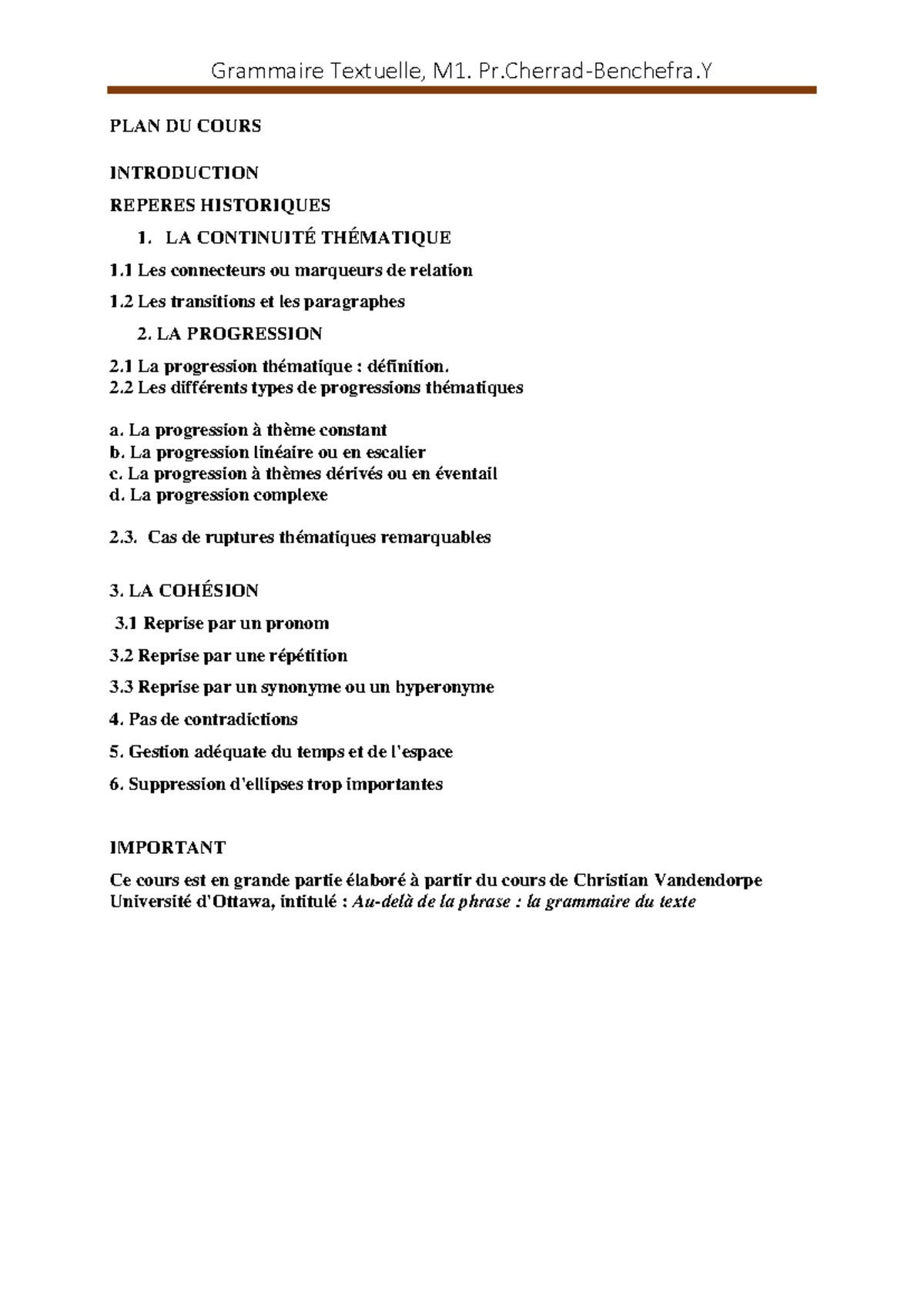 M1 - Grammaire Textuelle: Plan de Cours par Pr. Cherrad-Benchefra - Studocu