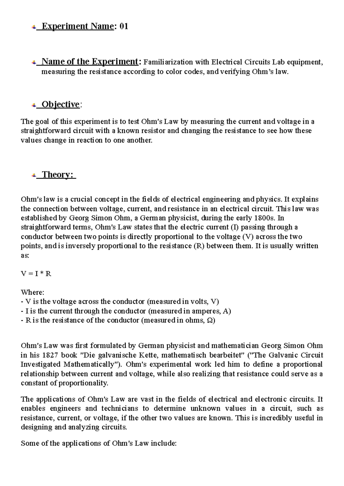 EEE 101: Lab Report on Verifying Ohm’s Law Experiment - Studocu