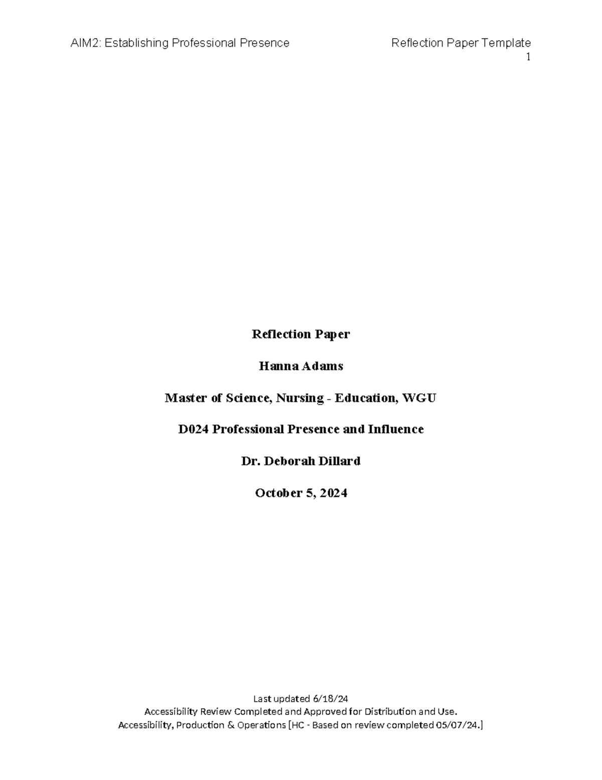 Reflection Paper - 1 Reflection Paper Hanna Adams Master of Science ...