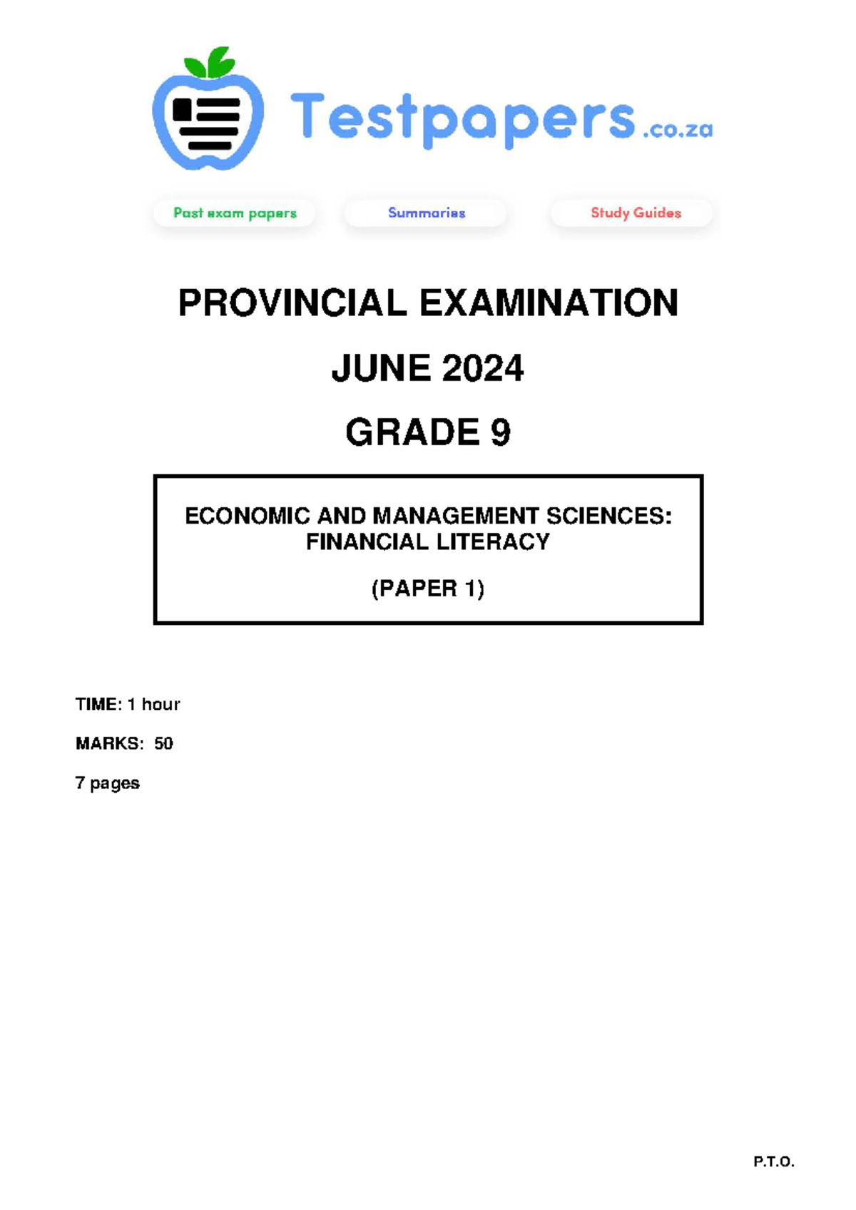 Grade 9 EMS P1 June 2024 Provincial Examination: Financial Literacy ...