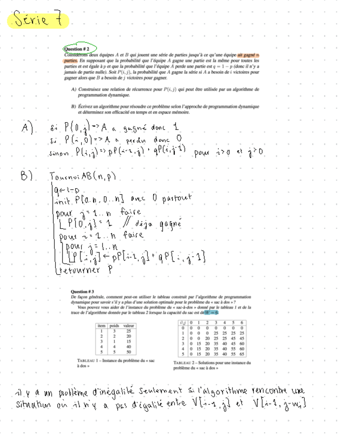 Série 7 - Série sur les algorithmes de prog dynamique - Serie 7 O A) si P(0 , j) = A a gagne ...