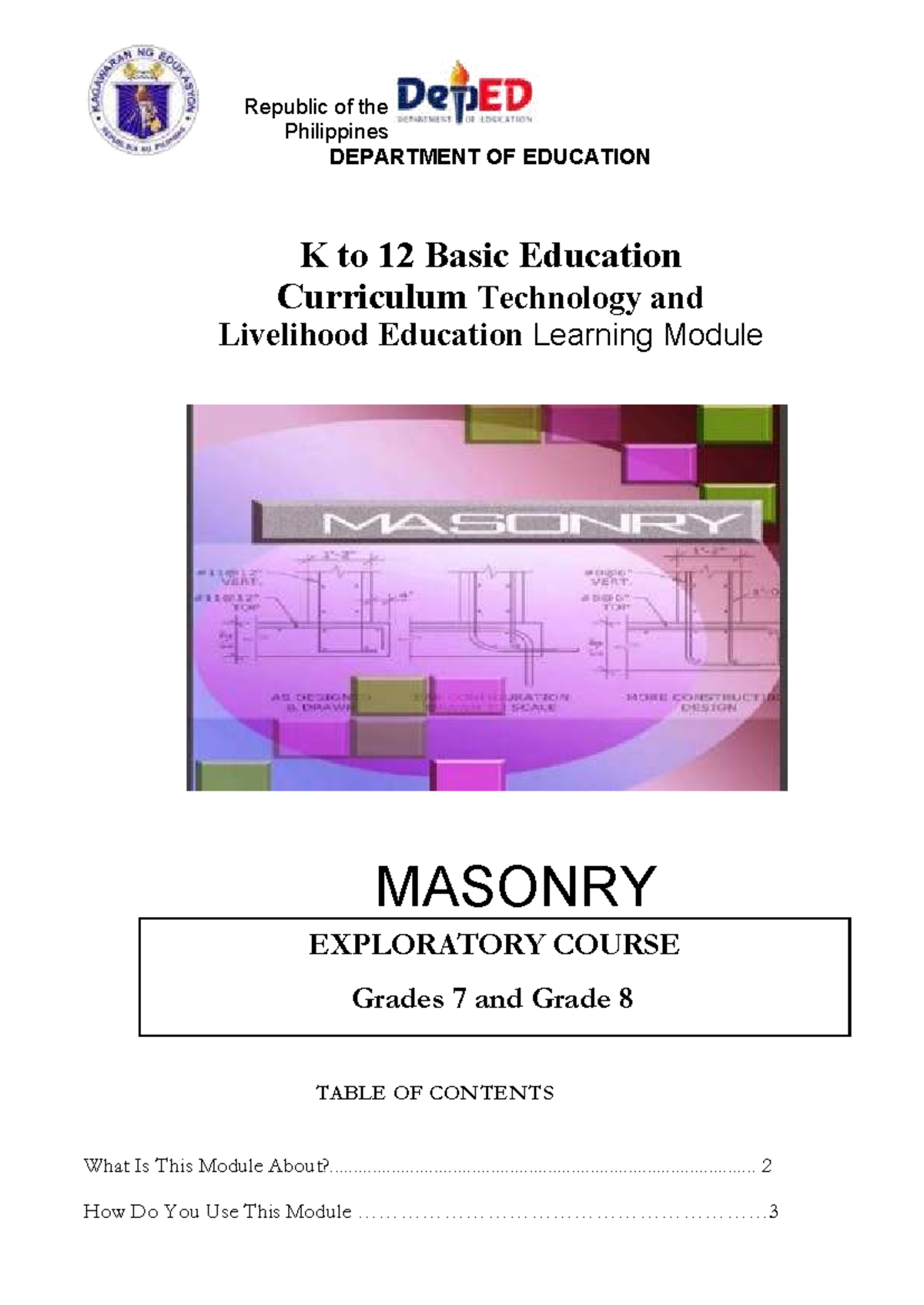 K to 12 TLE Masonry Learning Module for Grades 7-8 - Studocu