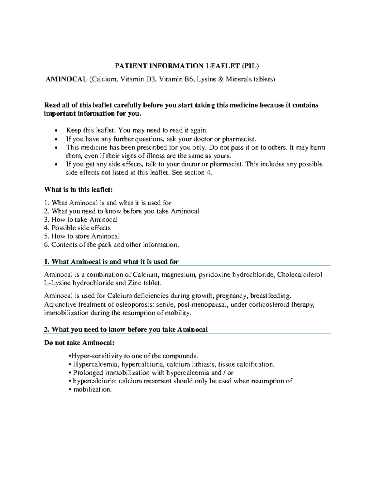 Aminocal Tablets Patient Information Leaflet - Important Details - Studocu