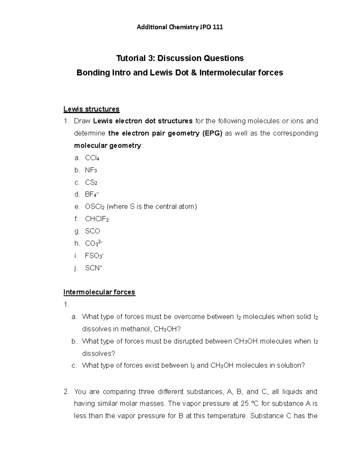 Tut 3: Bonding Intro & Lewis Dot Structures + Intermolecular Forces ...