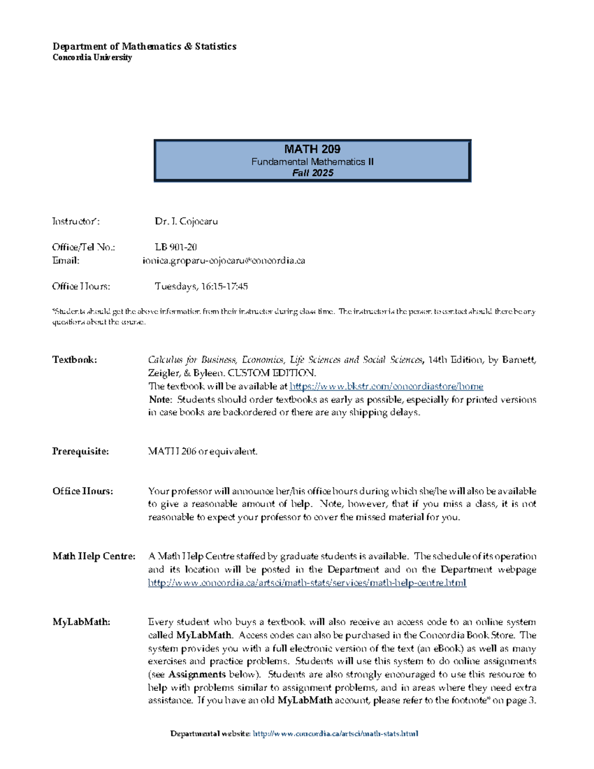 MATH 209 Fall 2025 Syllabus: Fundamental Mathematics II Overview - Studocu