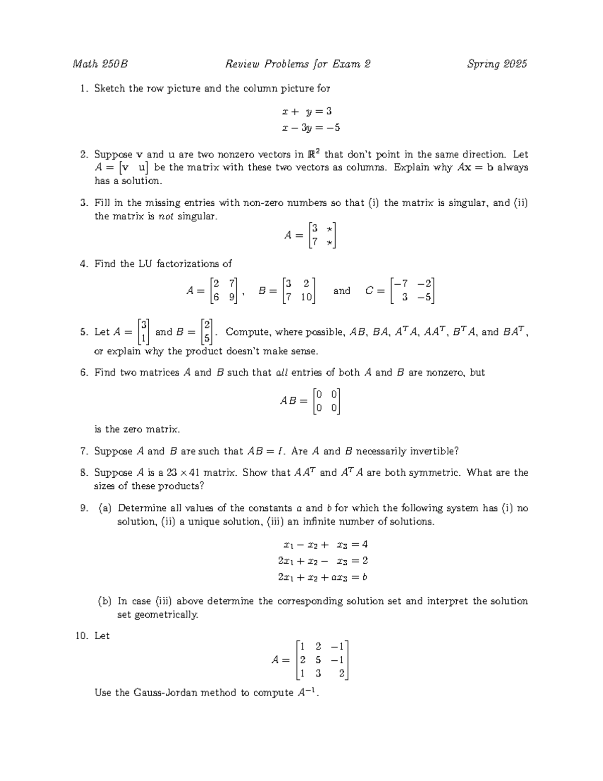 Math 250b Review Problems For Exam 2 Spring 2025 Let A V U Be