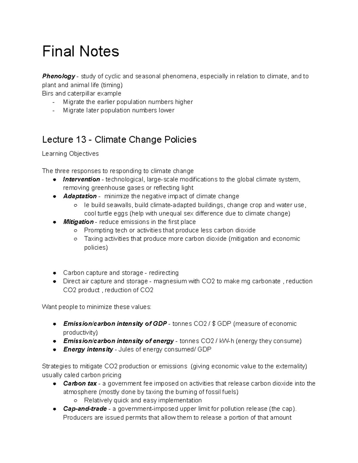 2485 Enviro Biology - Final Lecture Notes on Climate Change & Energy ...