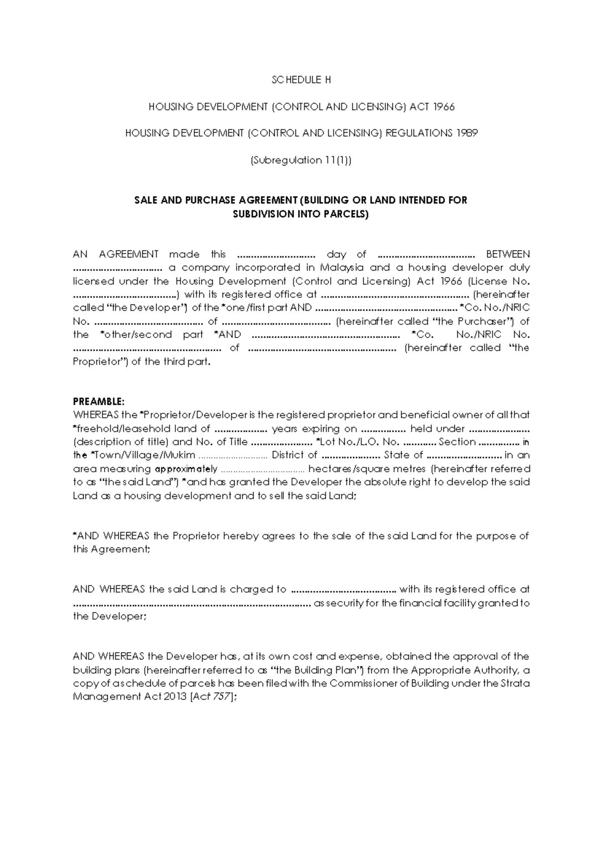 SPA-SCH H: Sale & Purchase Agreement for Subdivision of Land Parcels ...