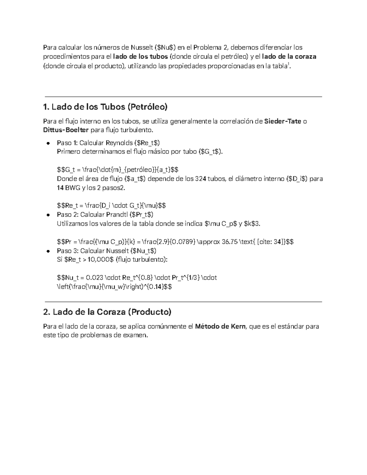Cálculo del Número de Nusselt en el Problema 2: Tubos y Coraza - Studocu
