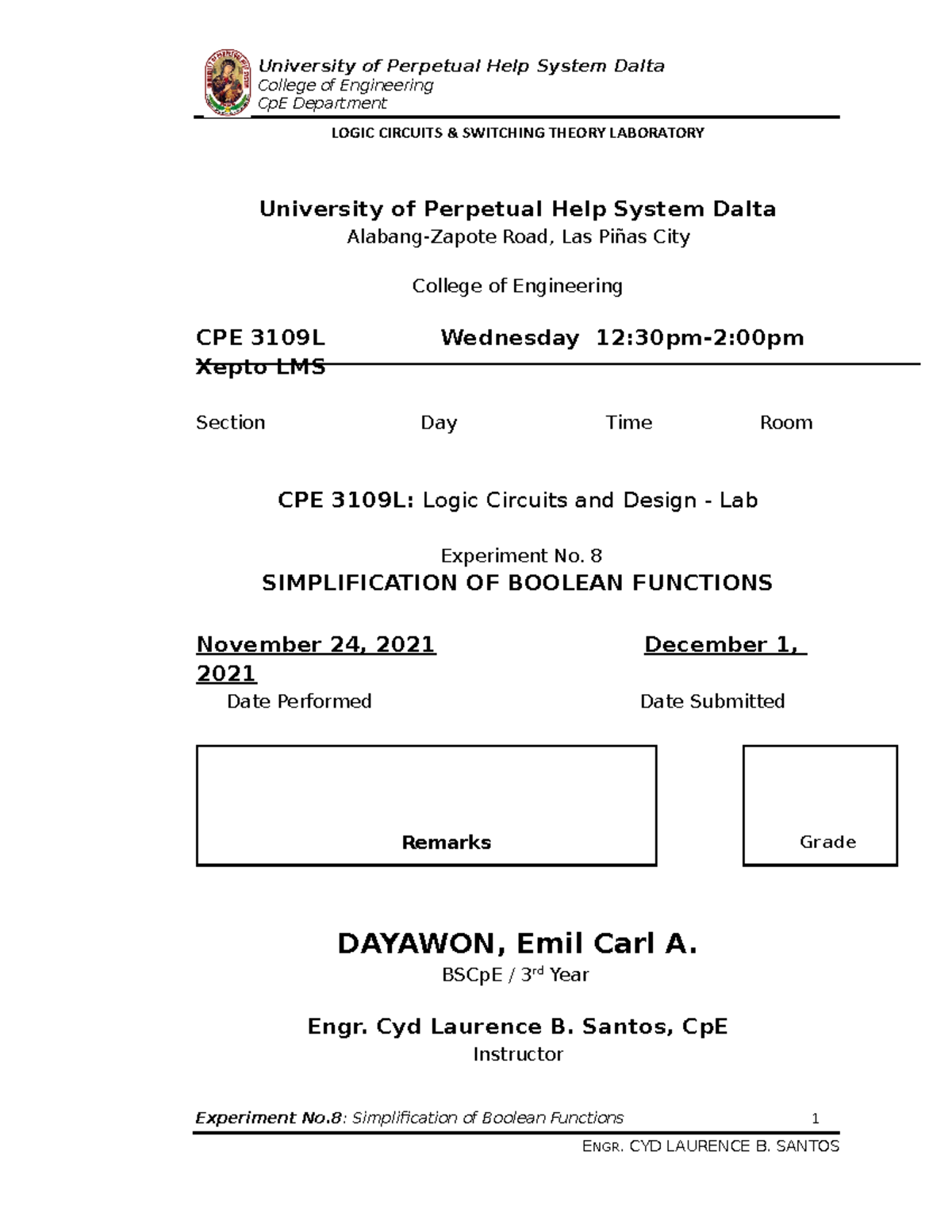 Experiment 8 Simplification Of Boolean Functions College Of Engineering Cpe Department Logic