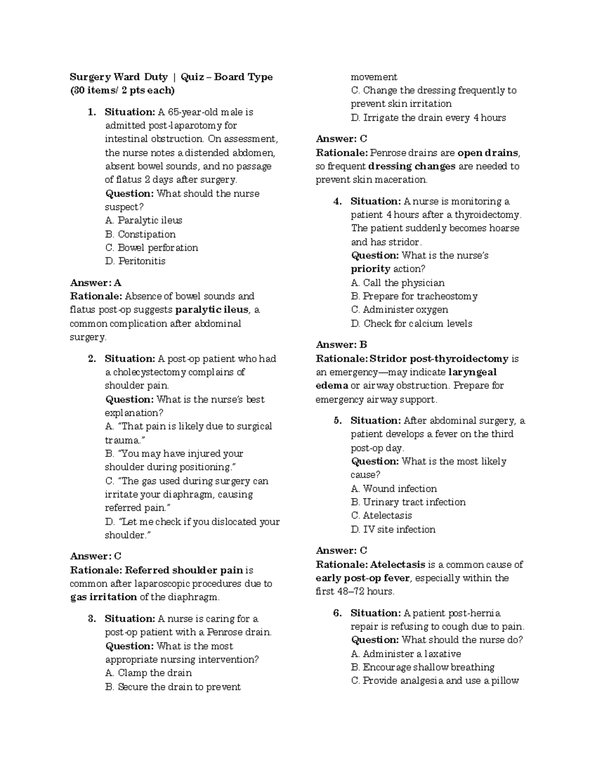 Surgery Ward Duty Quiz QA (30 Questions, 2 pts Each) - Studocu