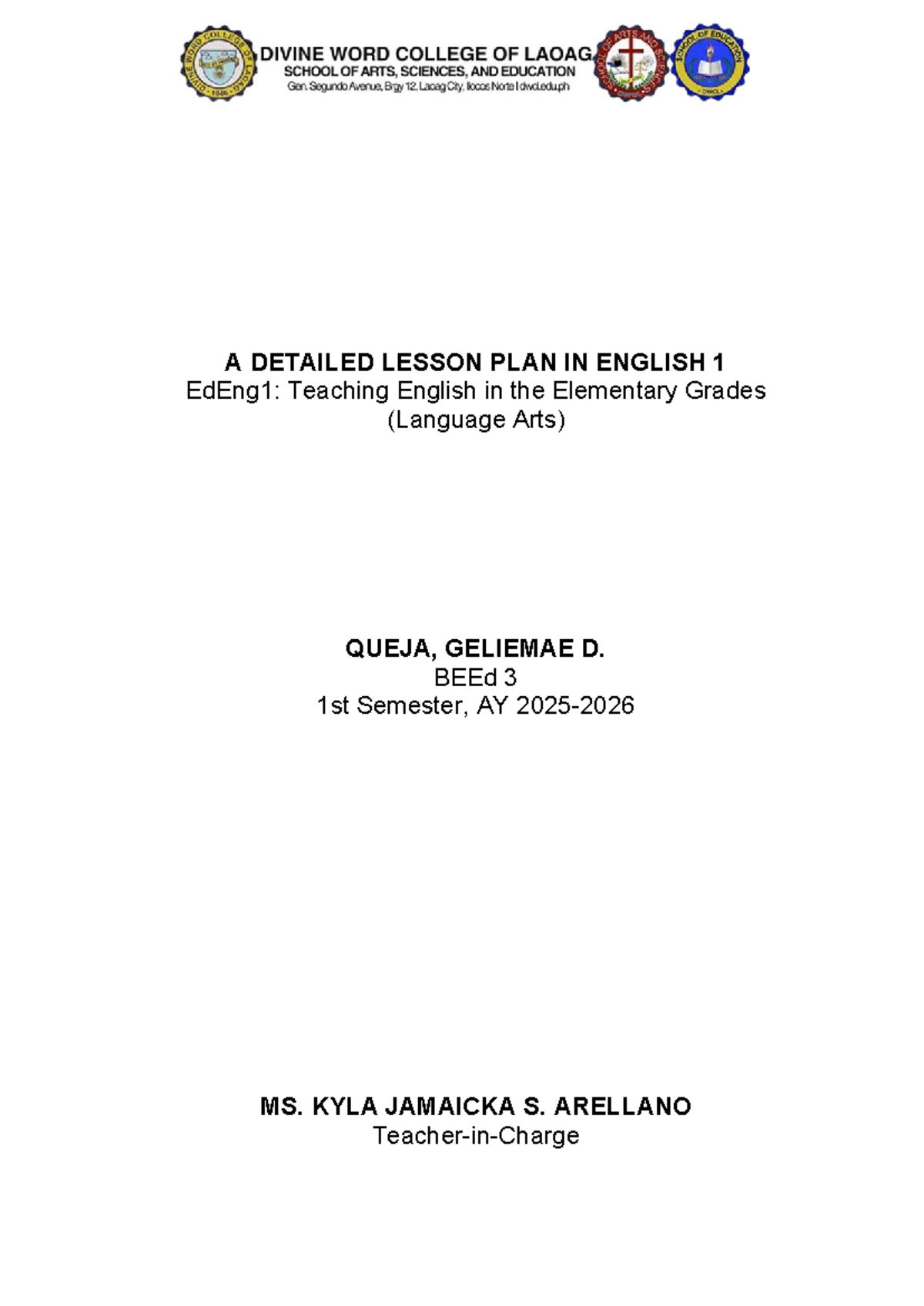 A DETAILED LESSON PLAN IN ENGLISH 1 (EdEng1) - Action Words - Studocu