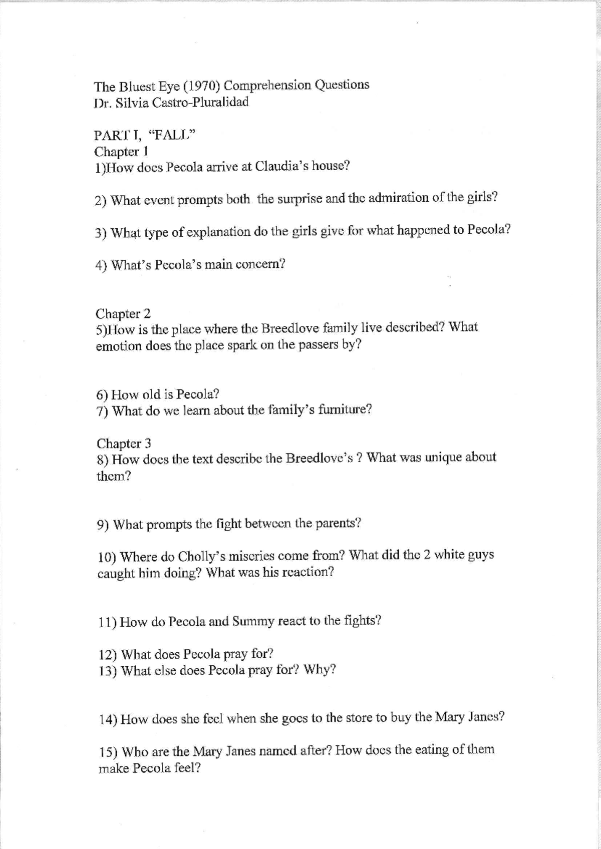 Bluest Eye (1970) Comprehension Questions: Part 1 Analysis - Studocu
