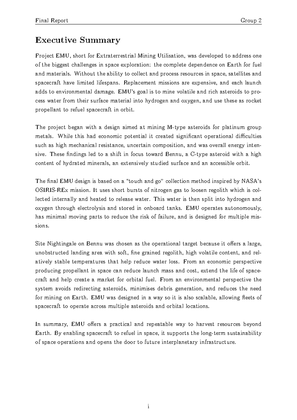 Final Report Group 2: Executive Summary on Project EMU - Studocu