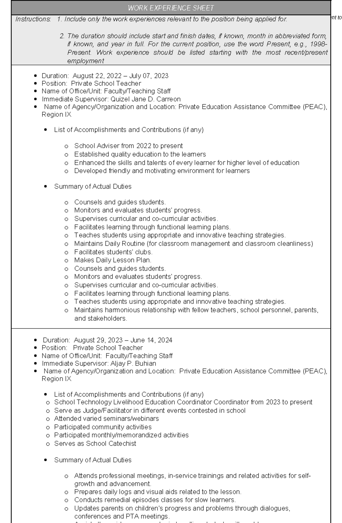 WORK Experience Sheet Sample for Teaching Positions - Studocu