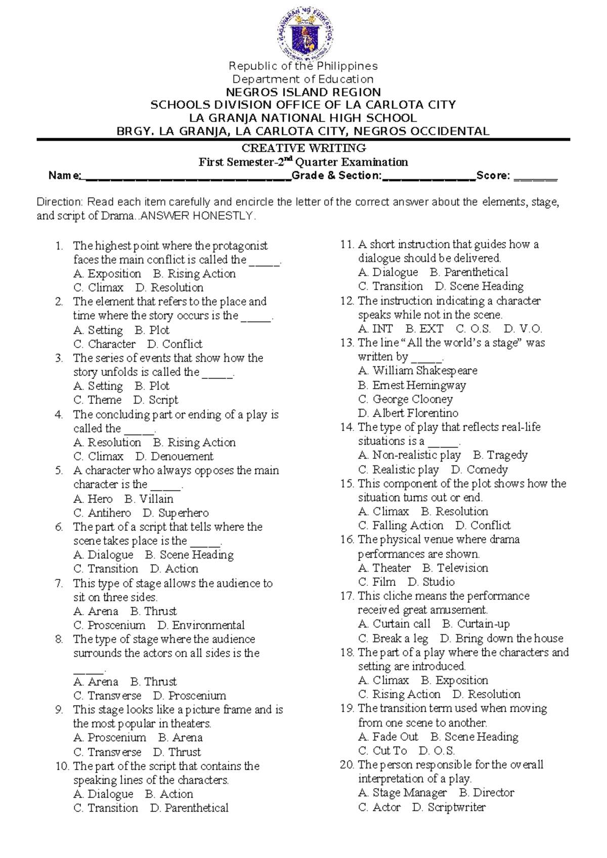 Creative Writing 1st Quarter Exam - Elements of Drama - Studocu
