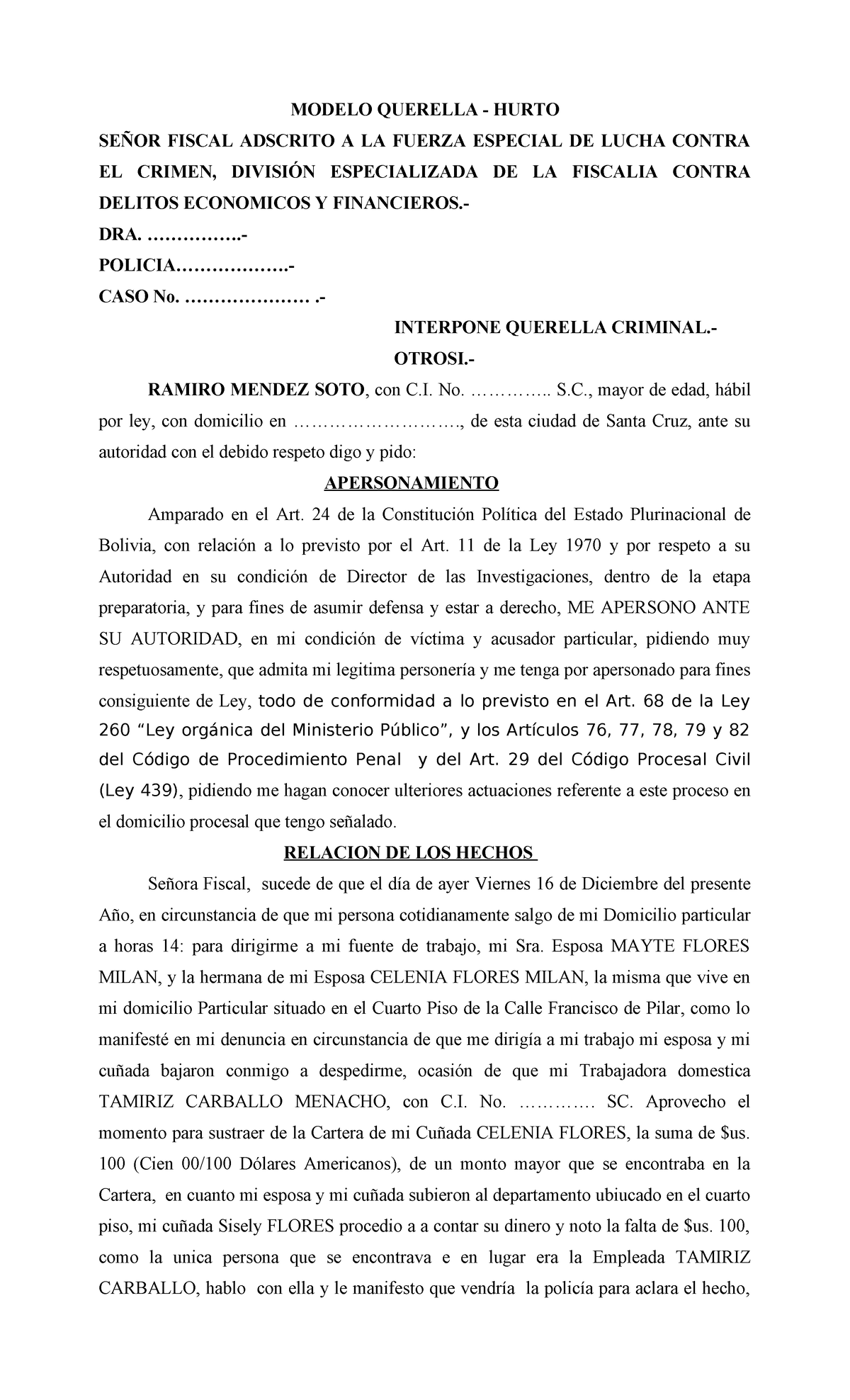 Modelo de Querella Criminal por Hurto - Caso Ramiro Mendez S. - Studocu