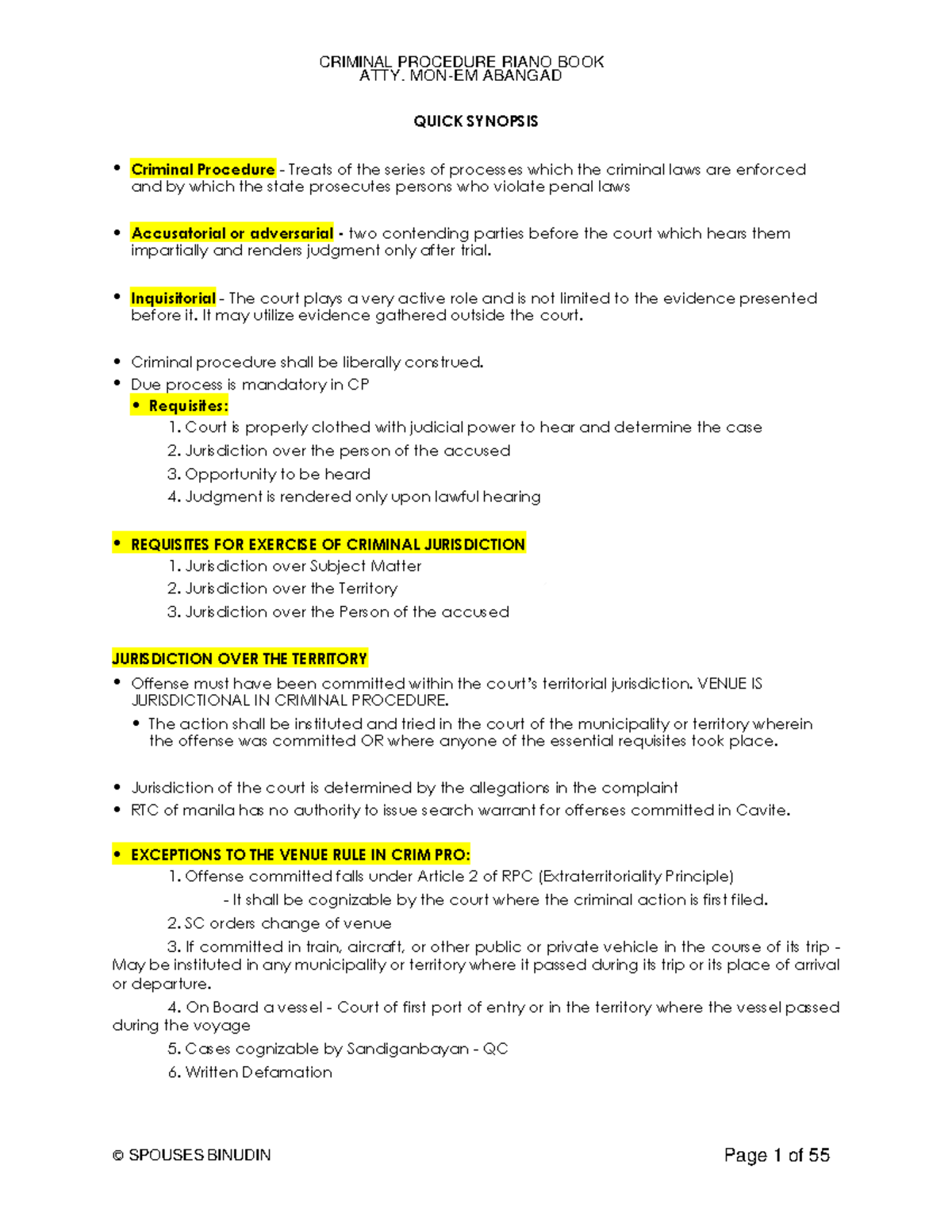 Criminal Procedure Notes for Riano (Lecture Outline) - Studocu