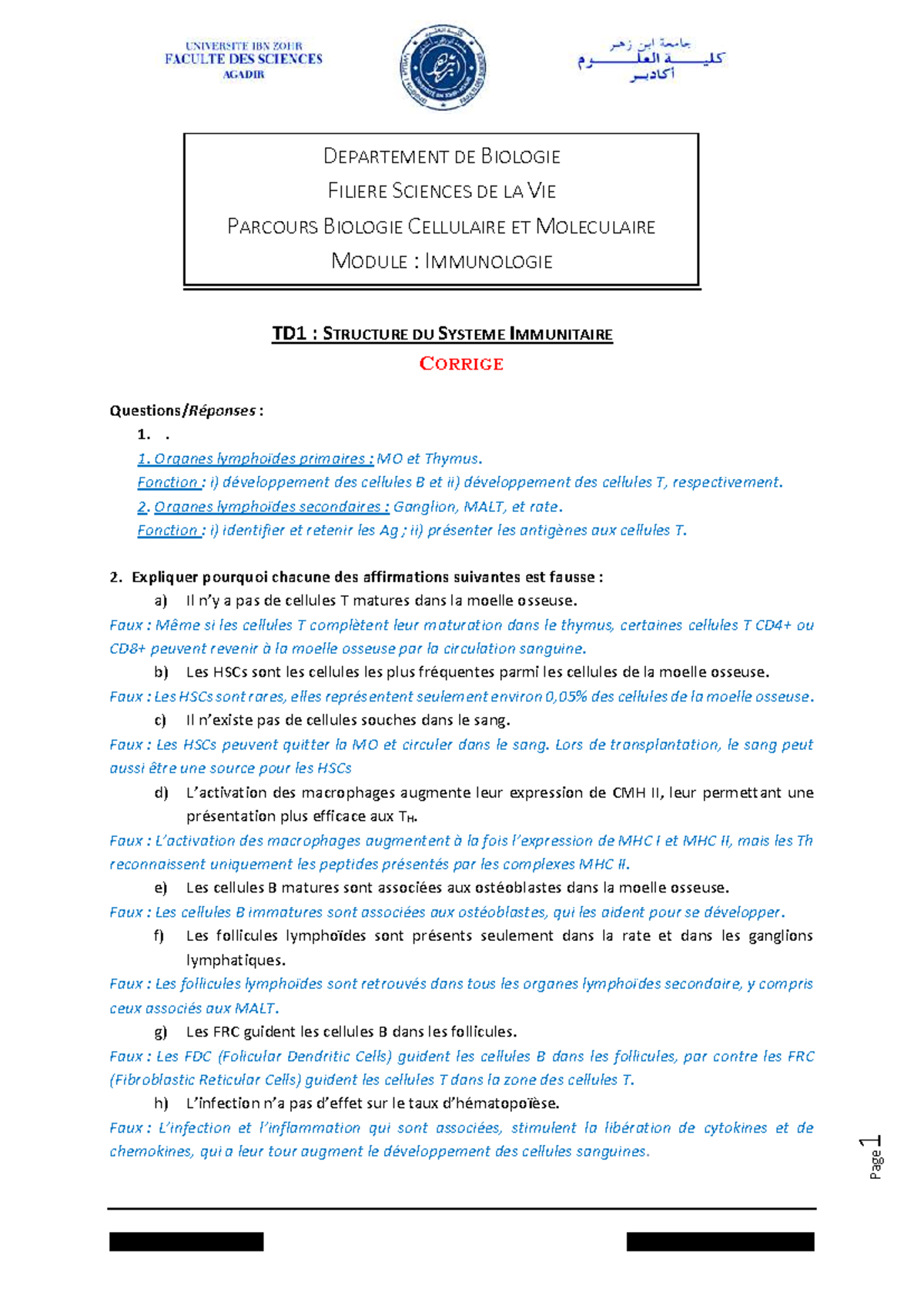 TD Immunologie: Structure du Système Immunitaire et Corrigés - Studocu