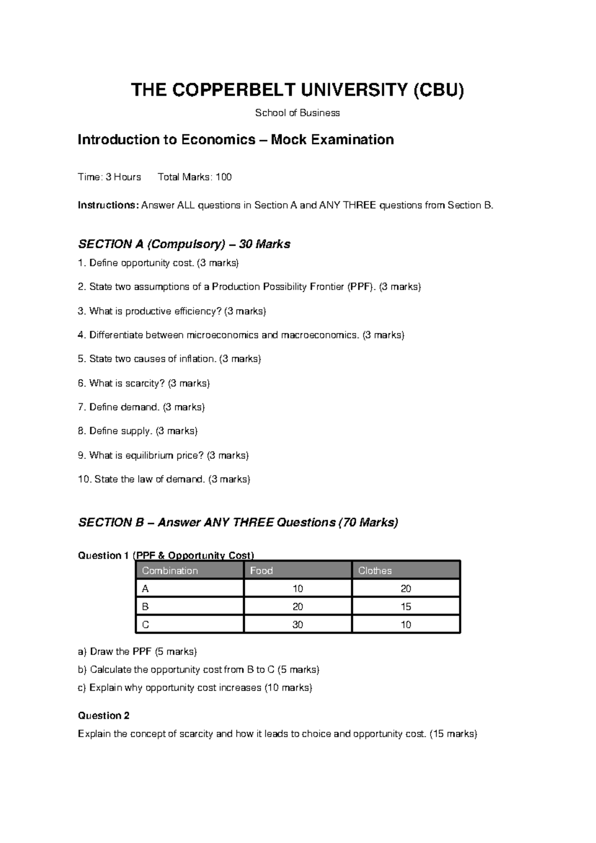 CBU Intro to Economics Mock Exam: Key Concepts & Questions - Studocu