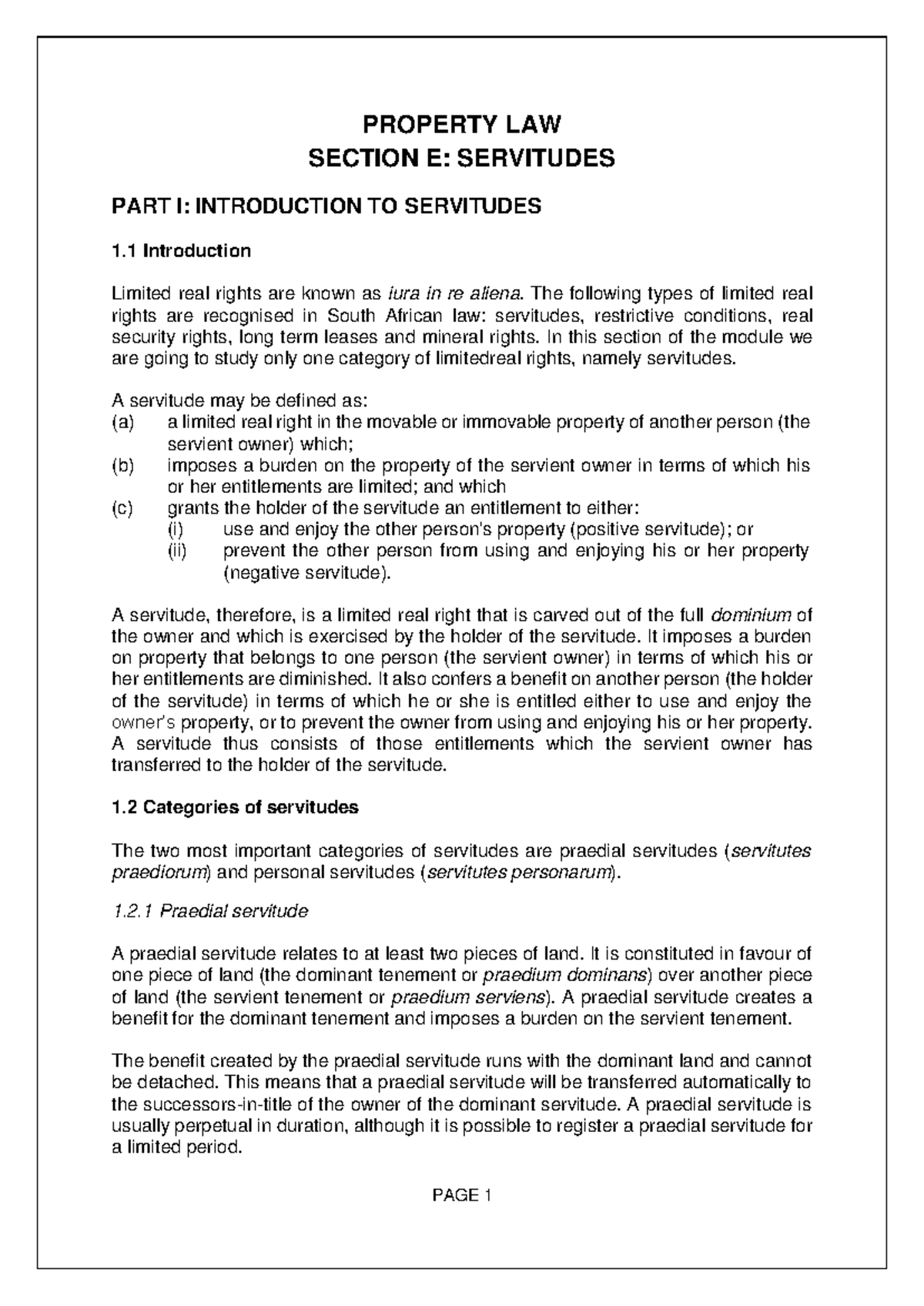 PROPERTY LAW E: SERVITUDES LECTURE NOTES PART I - INTRODUCTION ...