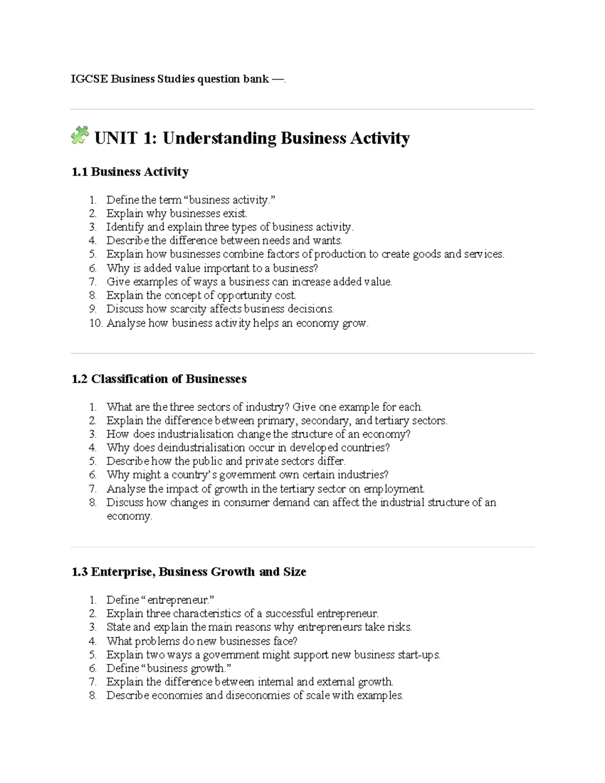 IGCSE Business Studies Question Bank: Understanding Business Activity ...