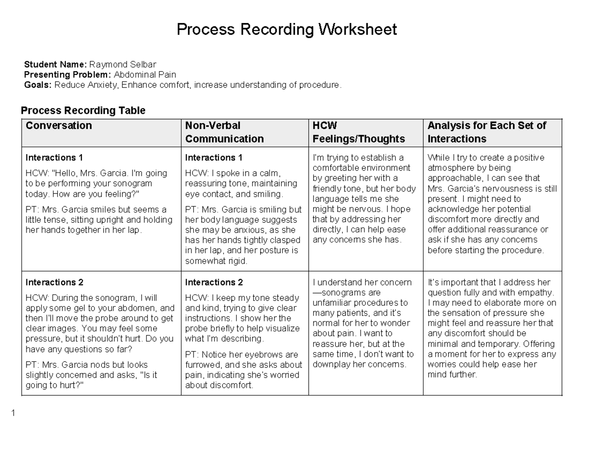 Process Recording Form - Process Recording Worksheet Student Name ...