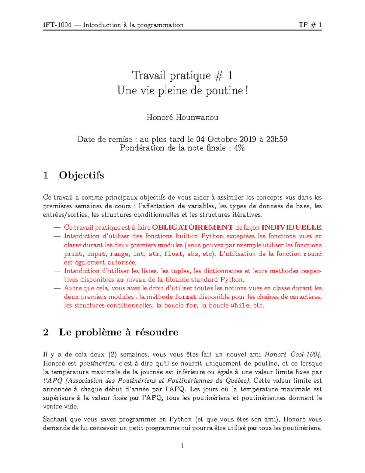 IFT 1004 TP1: Programmation Python sur la Poutine et Température - Studocu