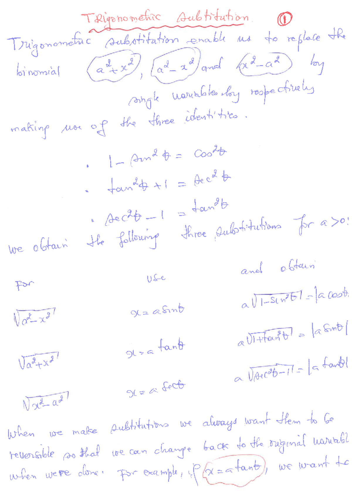 Trigonometric Substitution Techniques for Integration (MATH 101) - Studocu
