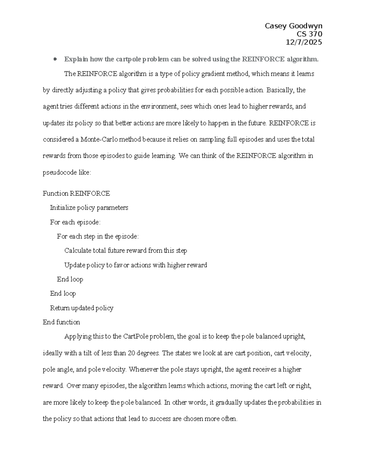 CS 370 Module Six Assignment: Solving CartPole with REINFORCE & A2C ...