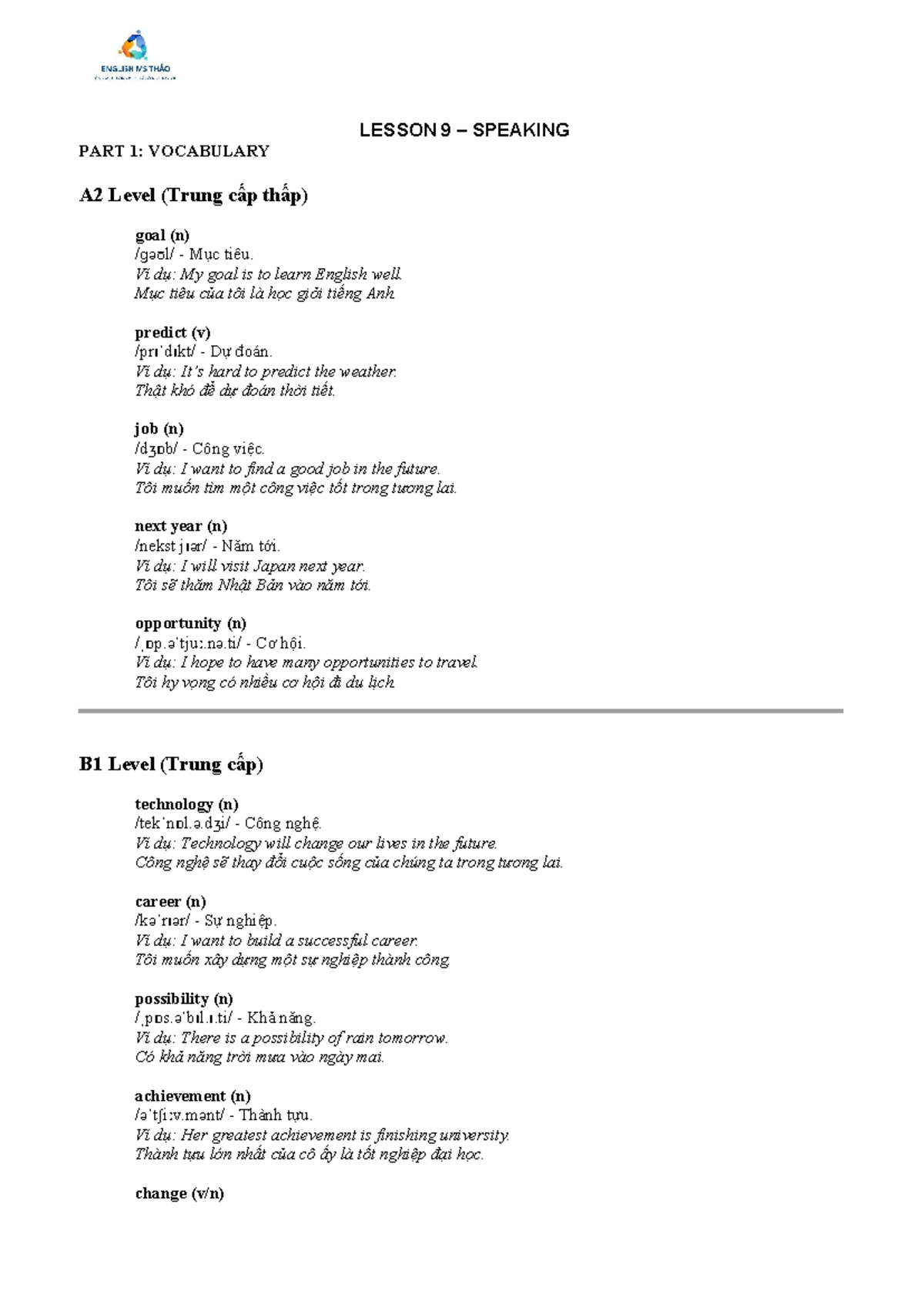Lesson 9 - Homework Speaking - LESSON 9 – SPEAKING PART 1: VOCABULARY ...