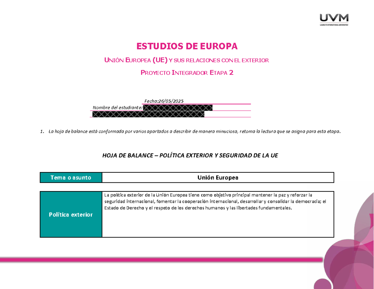 Proyecto Integrador Etapa 2: Política Exterior y Seguridad de la UE - Studocu