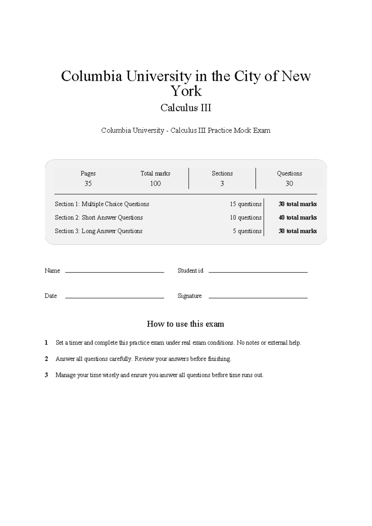 MATHUN1201 Calculus III Columbia University Practice Mock Exam 2026 ...