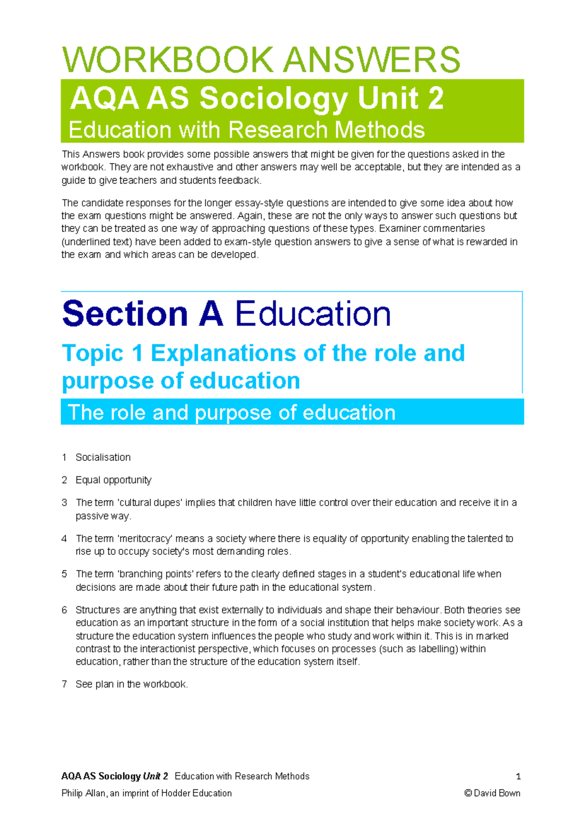 Sociology AQA AS Unit 2 Education Workbook Answers Guide - Studocu